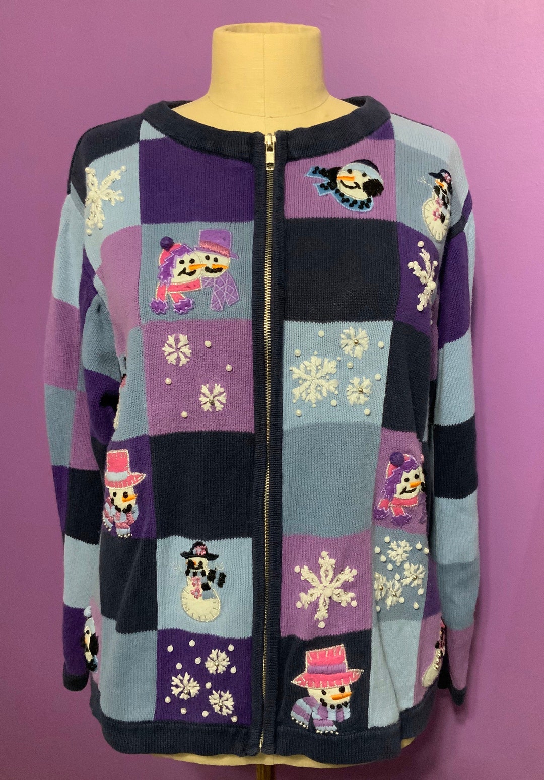Checkerboard Ugly Holiday Cardigan Sweater With Snowflakes, Snowmen and ...