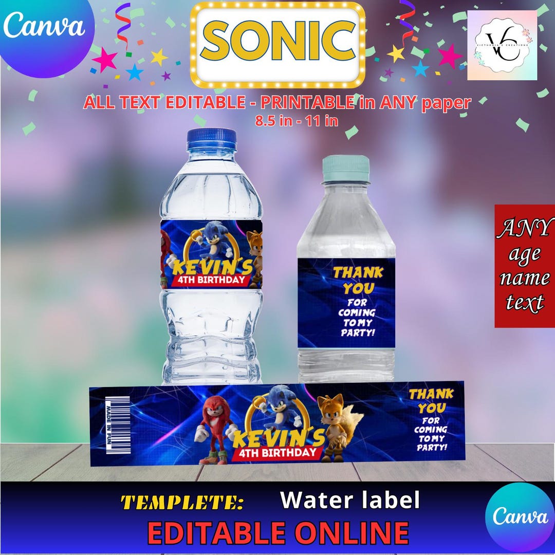 Party Labels - Sonic - Water Bottle Labels Template, EDIT Yourself in ...