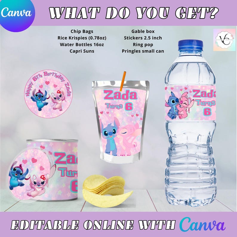 Stitch and Angel Bundle 8 Favors: Chips, Water, Juice and More ...