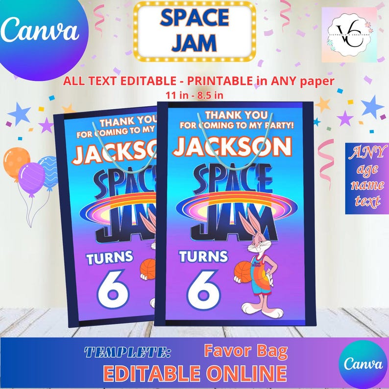 Space Jam - Favor bags template, Edit Yourself in CANVA. Party Kit ...