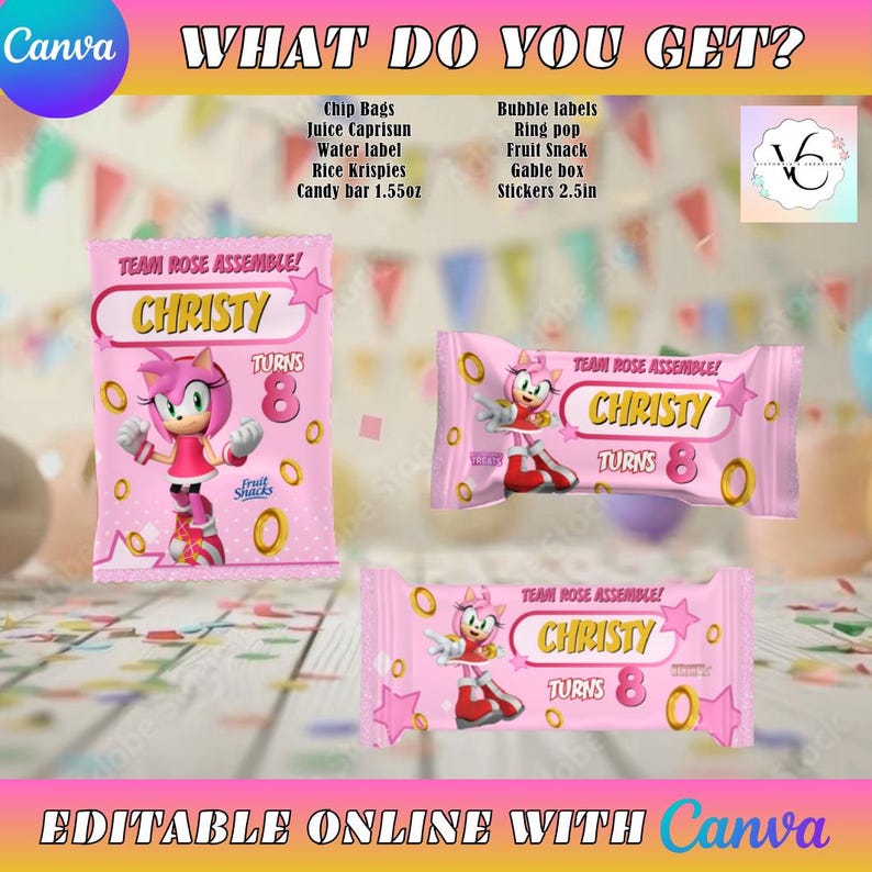 Amy Rose X Sonic Birthday Bundle - 10 Party Favor Labels. Editable in ...