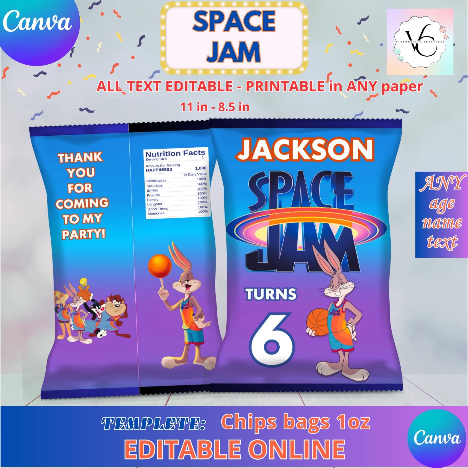 Space Jam Chips Bag Template, EDIT Yourself in CANVA. Party Kit. Online ...