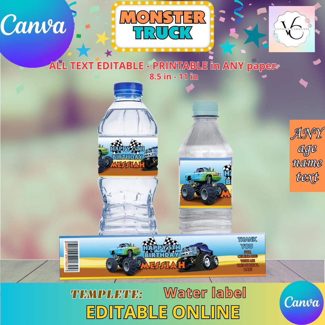 Monster Truck Water Bottle Labels Template, EDIT Yourself in CANVA ...
