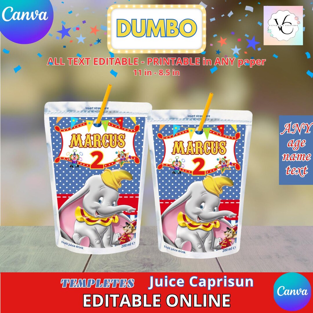 Dumbo Birthday Juice Labels Template, Capri Sun EDIT Yourself in CANVA ...