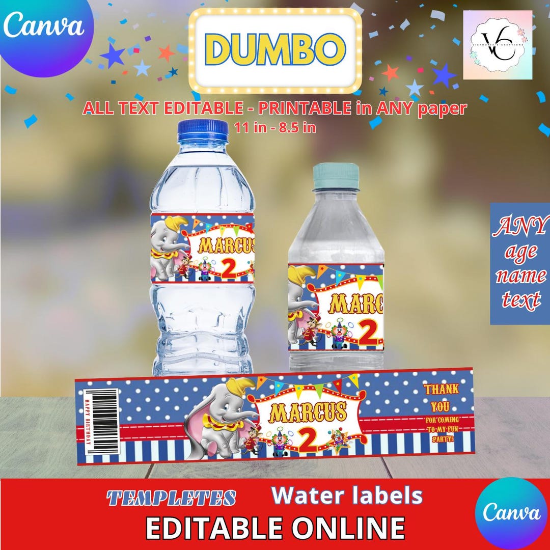 Dumbo Birthday Water Labes Templete. Editable in CANVA. - Etsy