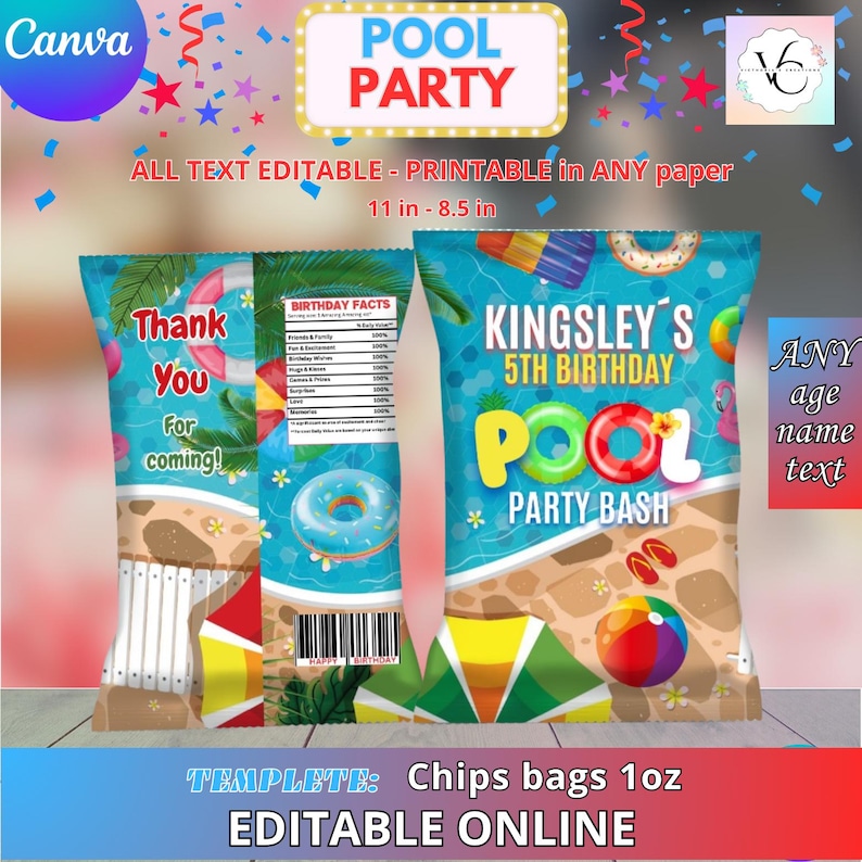 Pool Party - Chips Bag Template, EDIT Yourself in CANVA. Party Kit ...