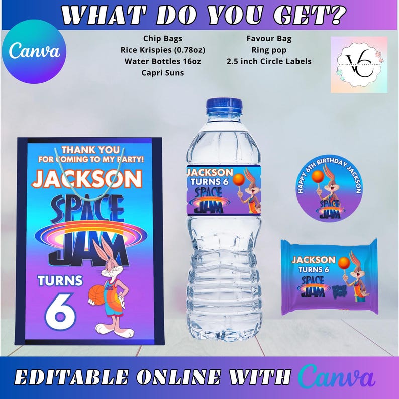 Space Jam 7 Party Favors: Chips, Water, Juice and More. Editable in ...