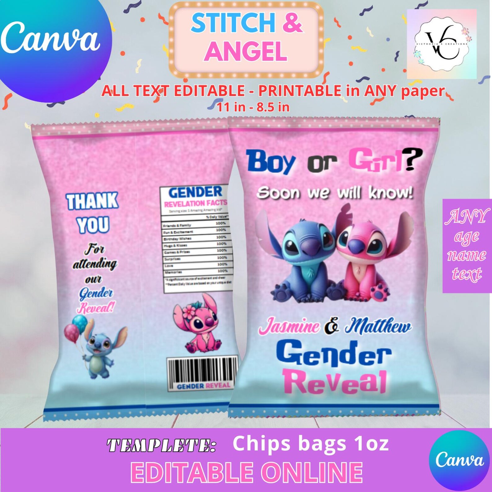Gender Reveal Stitch and Angel - Chips Bag Template, EDIT Yourself in ...