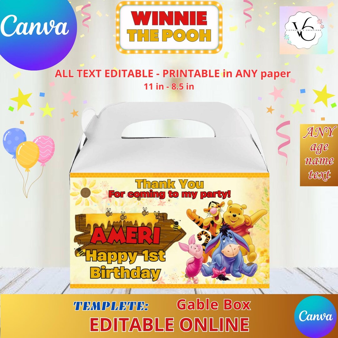Party Labels - Winnie the Pooh - Gable Box Template, Edit Yourself in ...