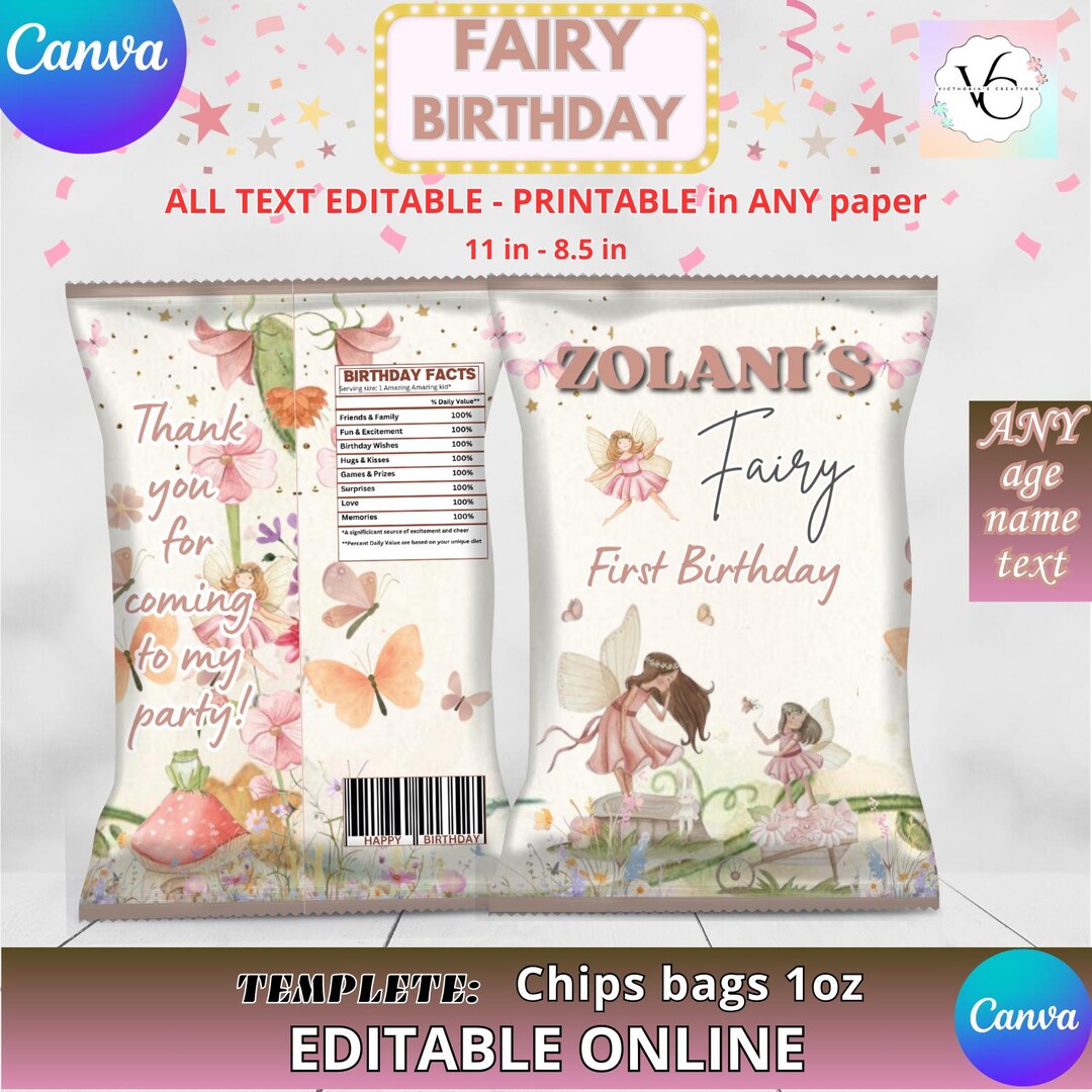 Party Labels - Fairy Birthday - Chips Bag Template, EDIT Yourself in ...