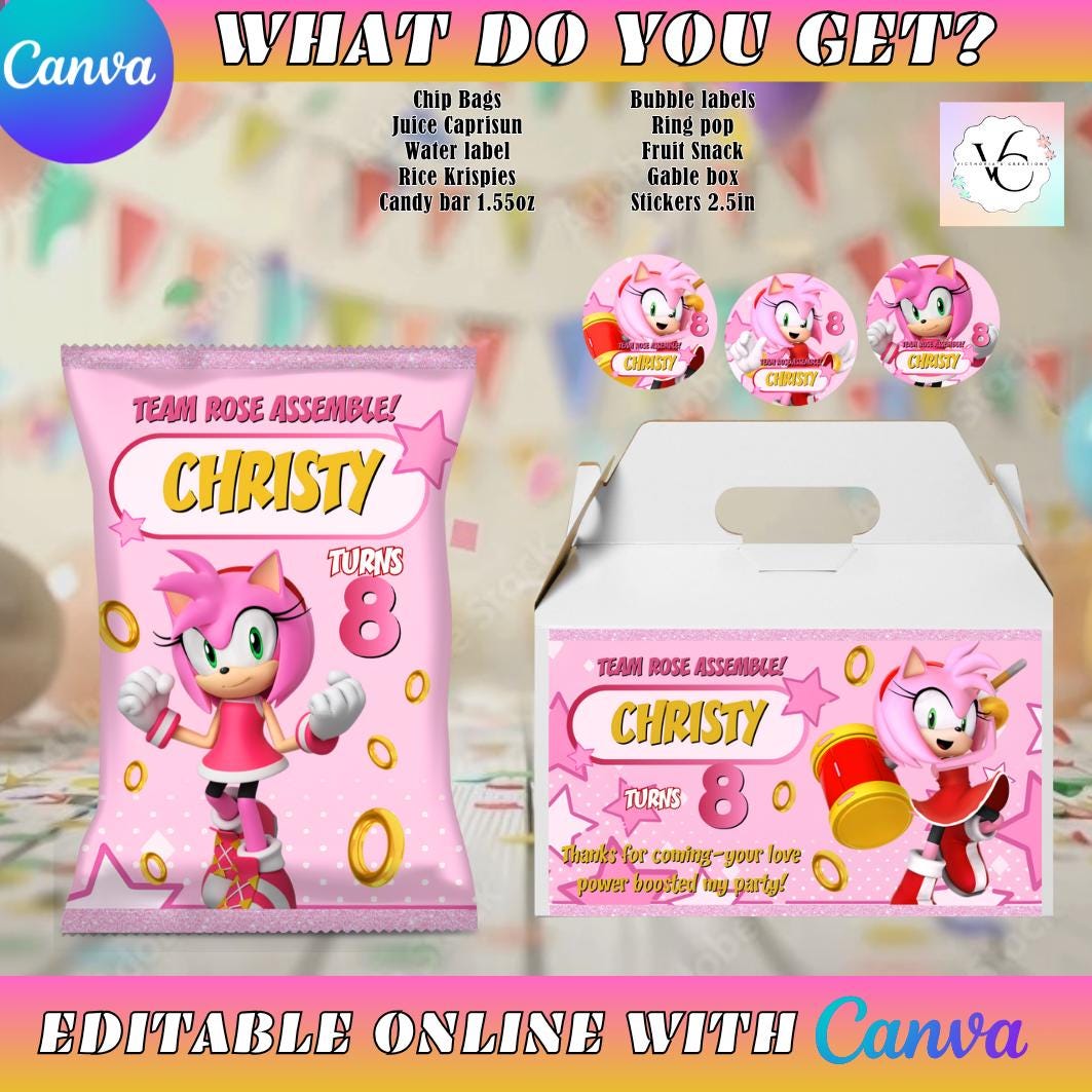 Amy Rose X Sonic Birthday Bundle - 10 Party Favor Labels. Editable in ...