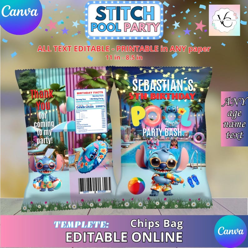 Stitch Pool Party - Chips Bag Template, EDIT Yourself in CANVA. Party ...