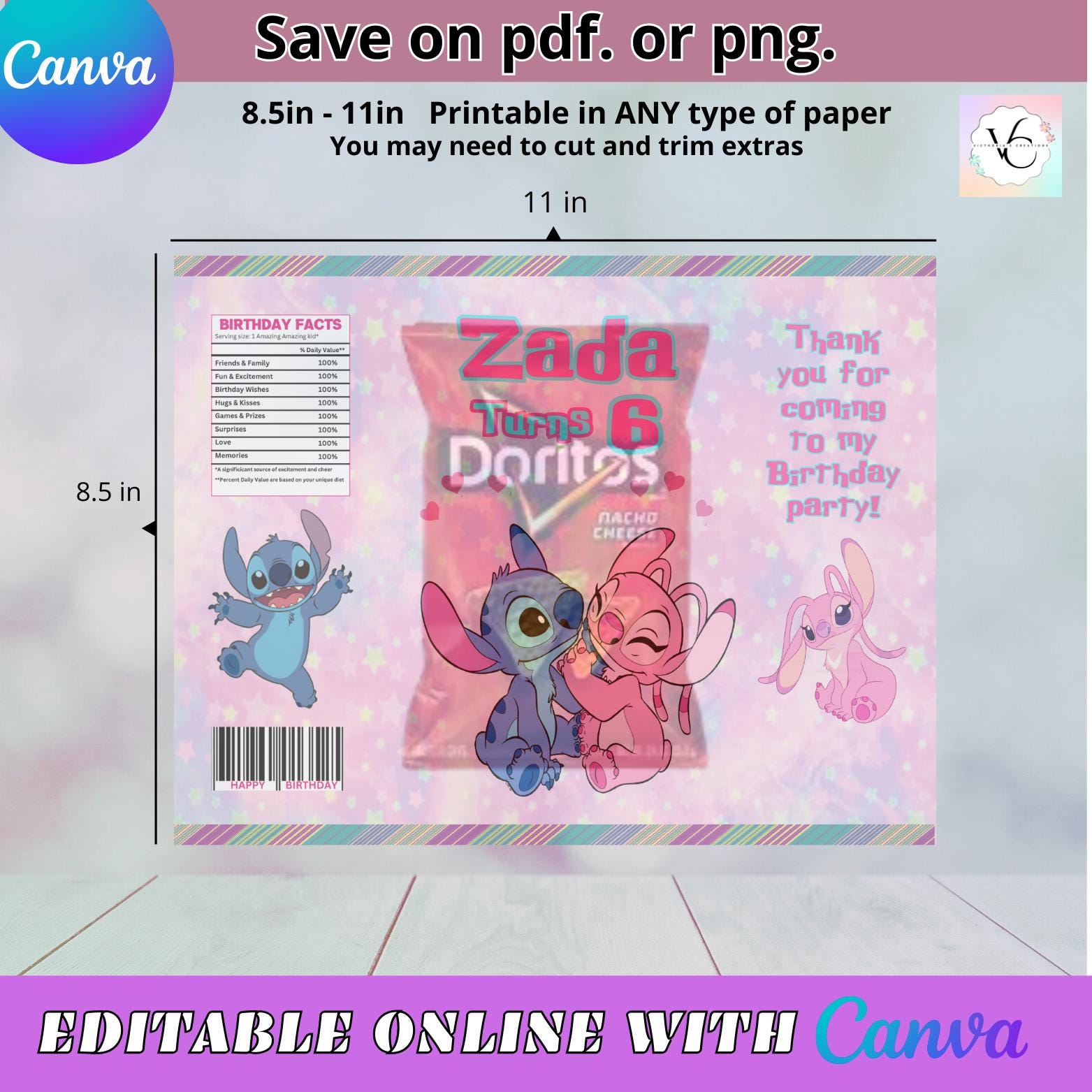 Stitch and Angel Chips Bag Template, EDIT Yourself in CANVA. Party Kit ...
