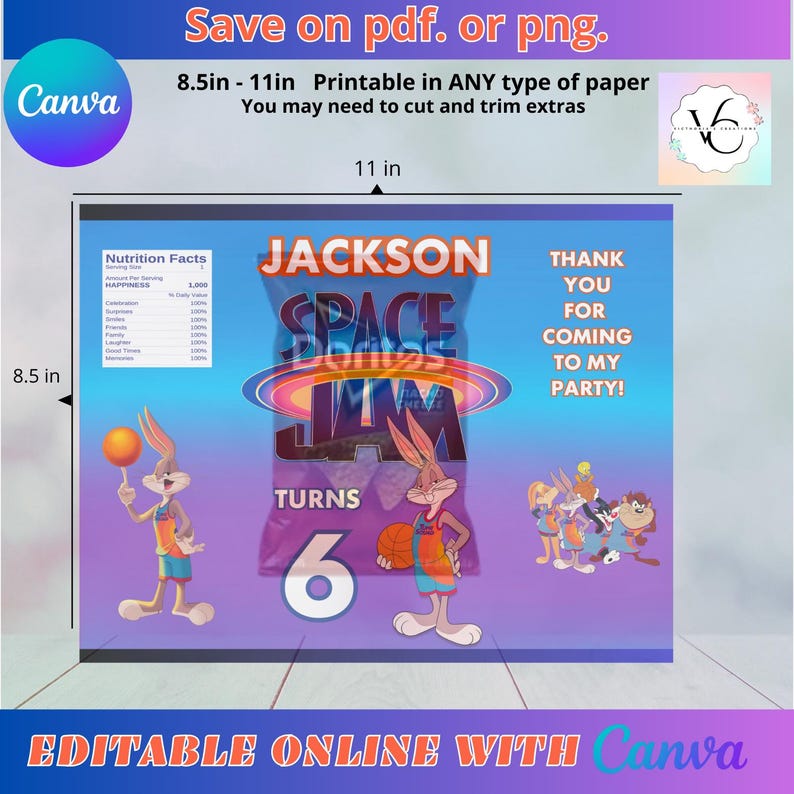 Space Jam Chips Bag Template, EDIT Yourself in CANVA. Party Kit. Online ...