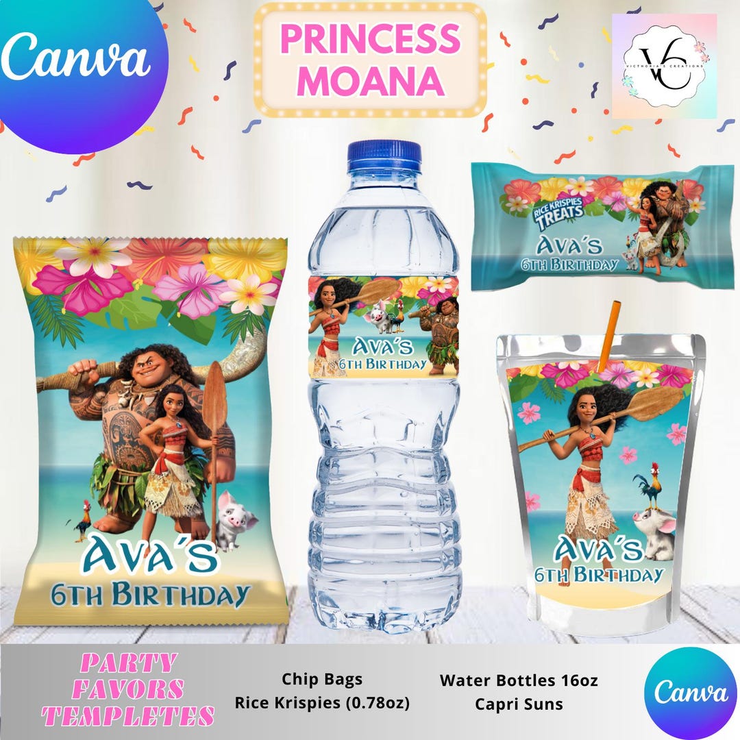 Party Labels - Princess Moana - Birthday- GIRL Birthday - 4 Party Favor ...