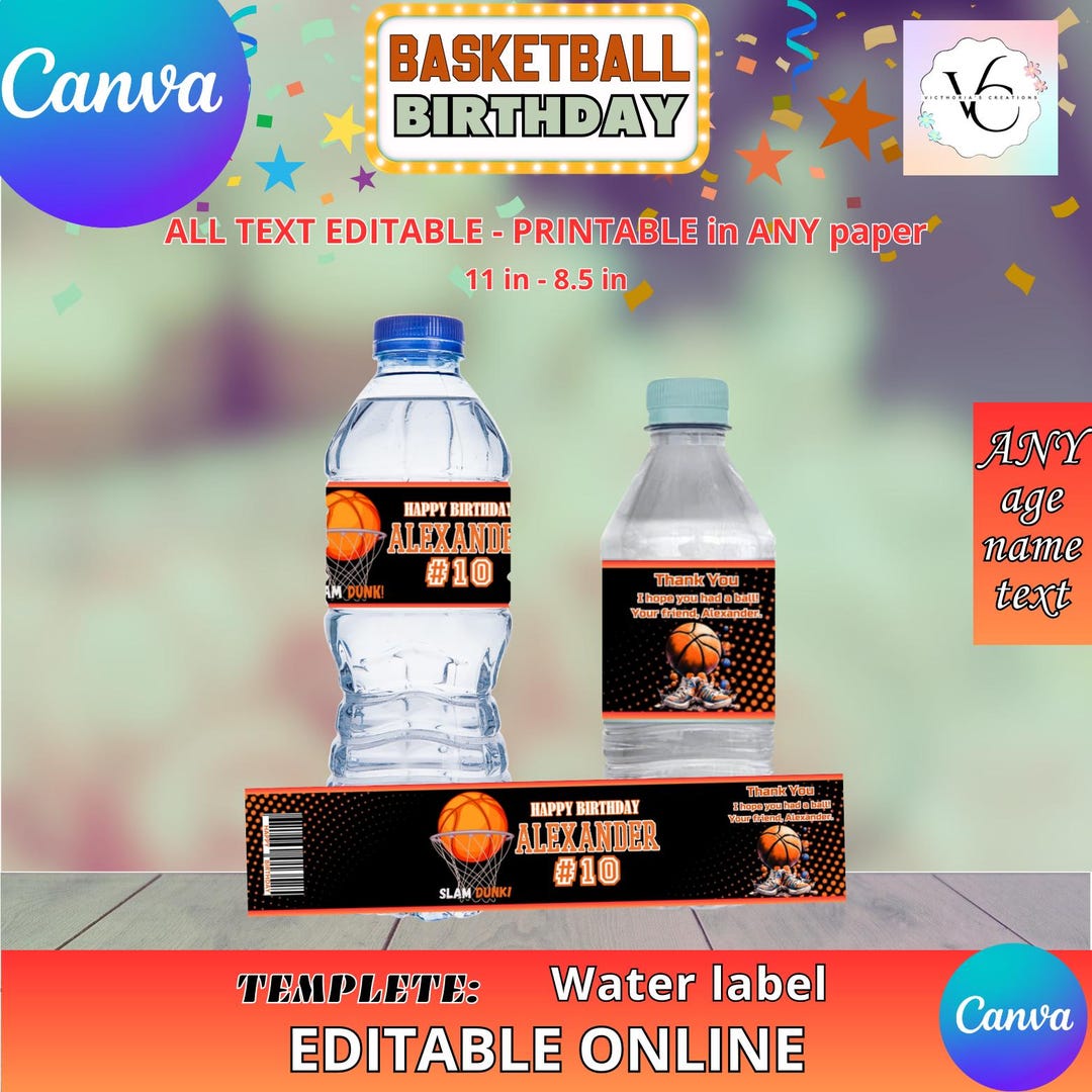 Basketball - Water Bottle Labels Template, EDIT Yourself in CANVA ...