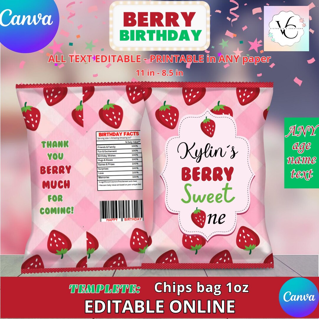 Berry Birthday - Chips Bag, EDIT Yourself in CANVA. Party Kit. Online ...