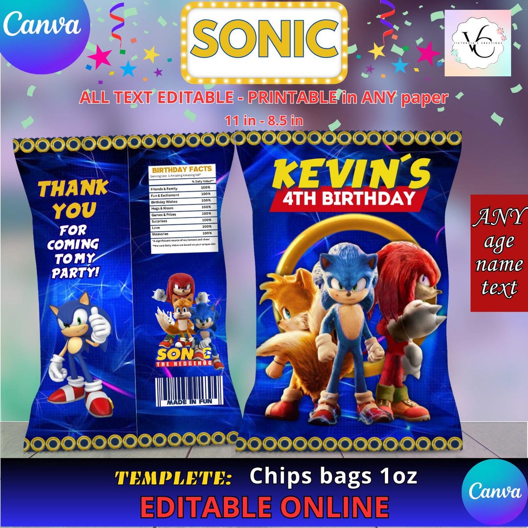 Party Labels - Sonic - Chips Bag Template, EDIT Yourself in CANVA ...