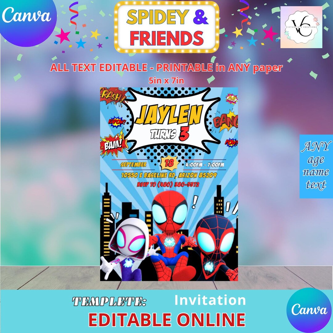 Spidey and Friends - Invitation 5x7in Party. Editable in CANVA - Etsy