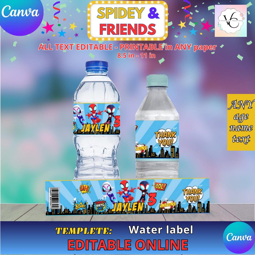 Party Labels - Spidey and Friends - Water Bottle Labels Template, EDIT ...