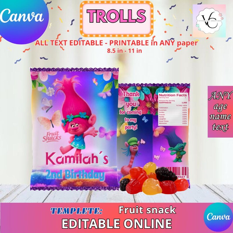 Trolls - Fruit Snack Template, EDIT Yourself in CANVA - Etsy