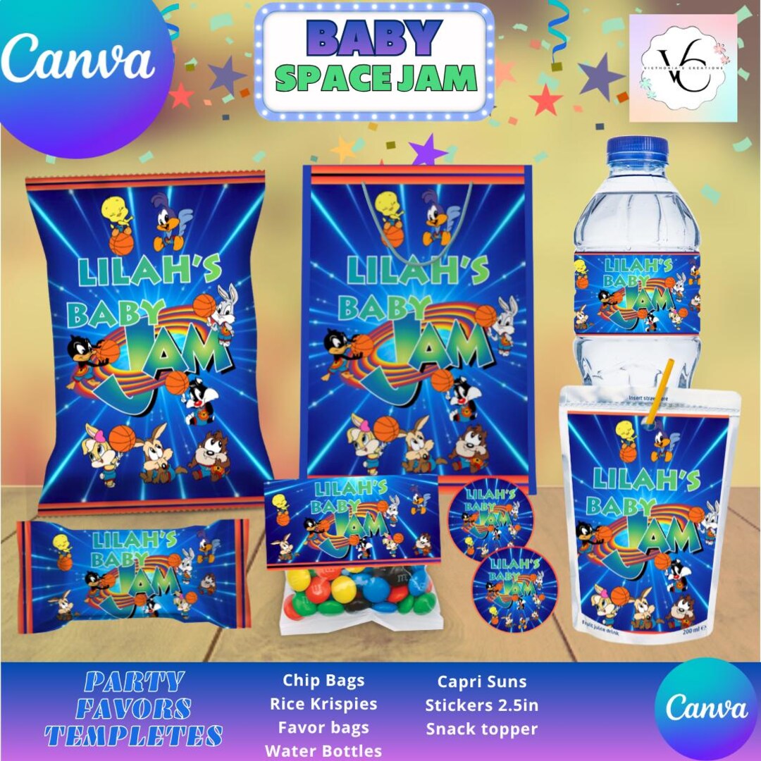 Baby Space Jam 7 Party Favors: Chips, Water, Juice and More. Editable ...