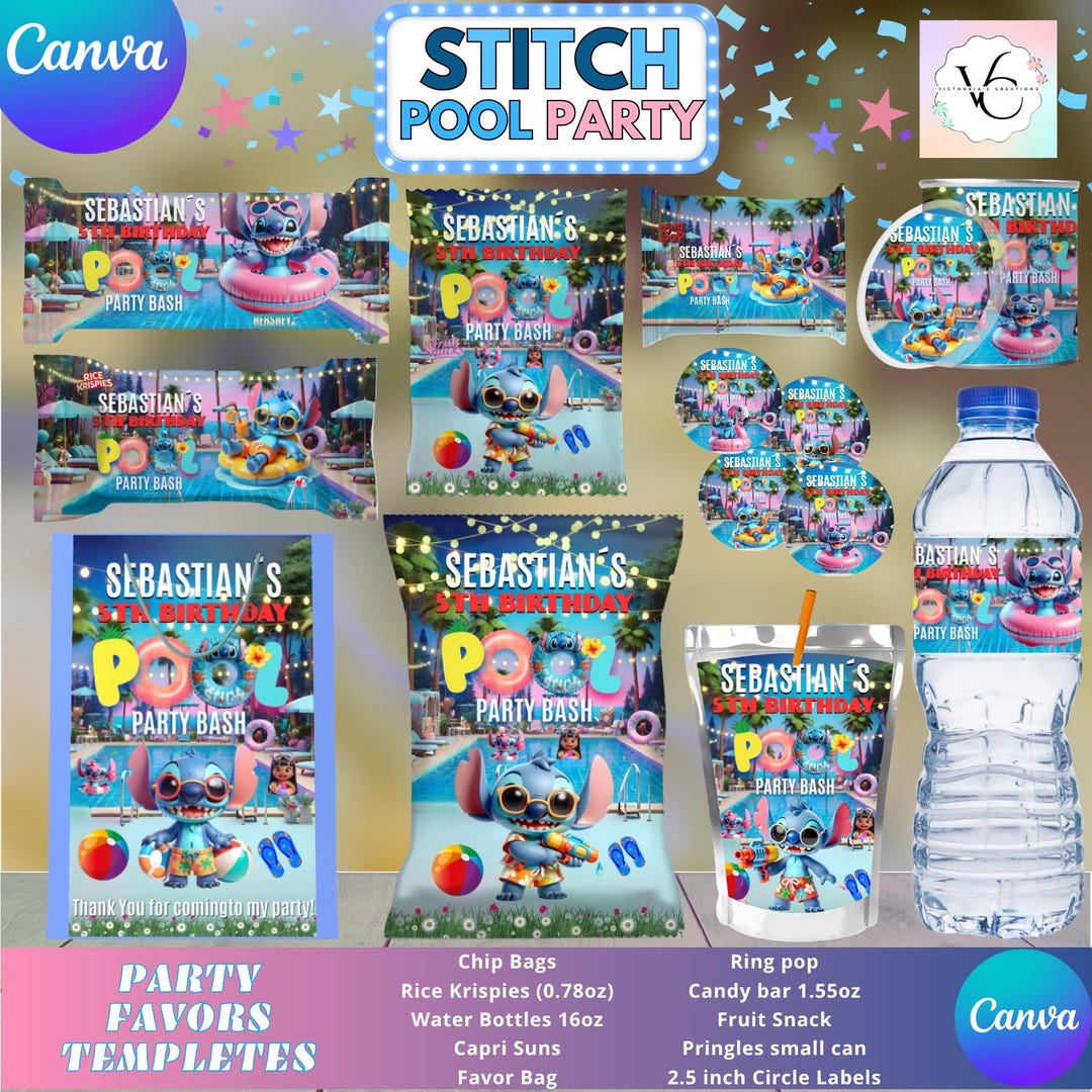 Party Labels - Stitch Pool Party - 10 Party Favor Labels - Digital ...