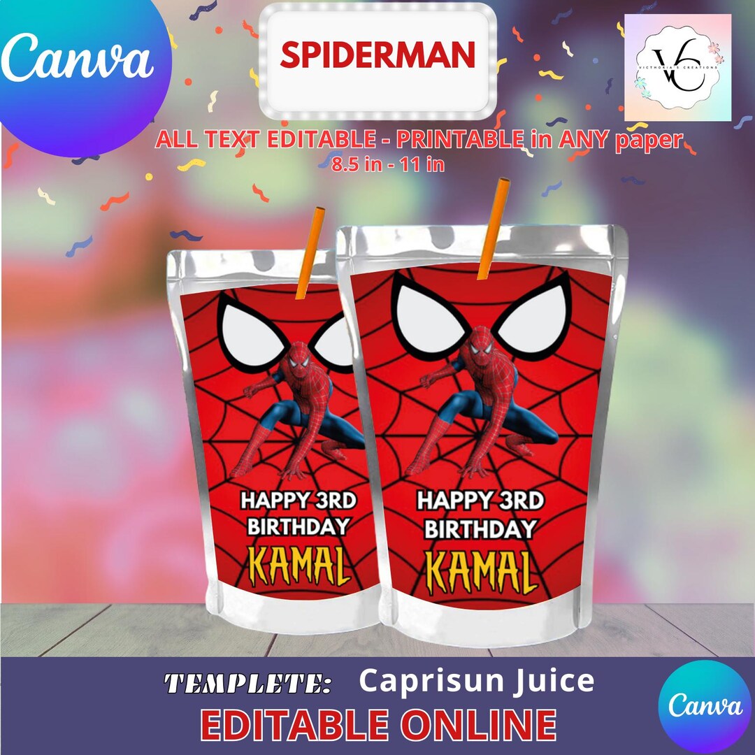 Spiderman - Juice Labels Template, Capri Sun EDIT Yourself in CANVA ...