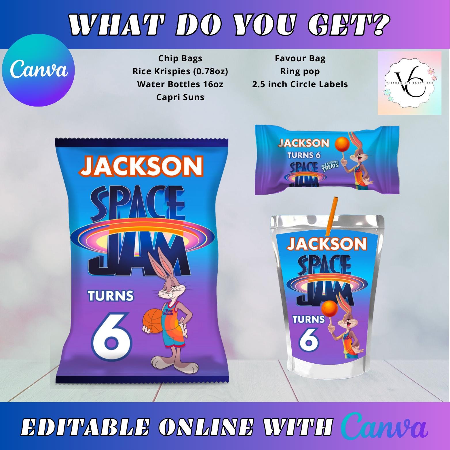 Space Jam 7 Party Favors: Chips, Water, Juice and More. Editable in ...