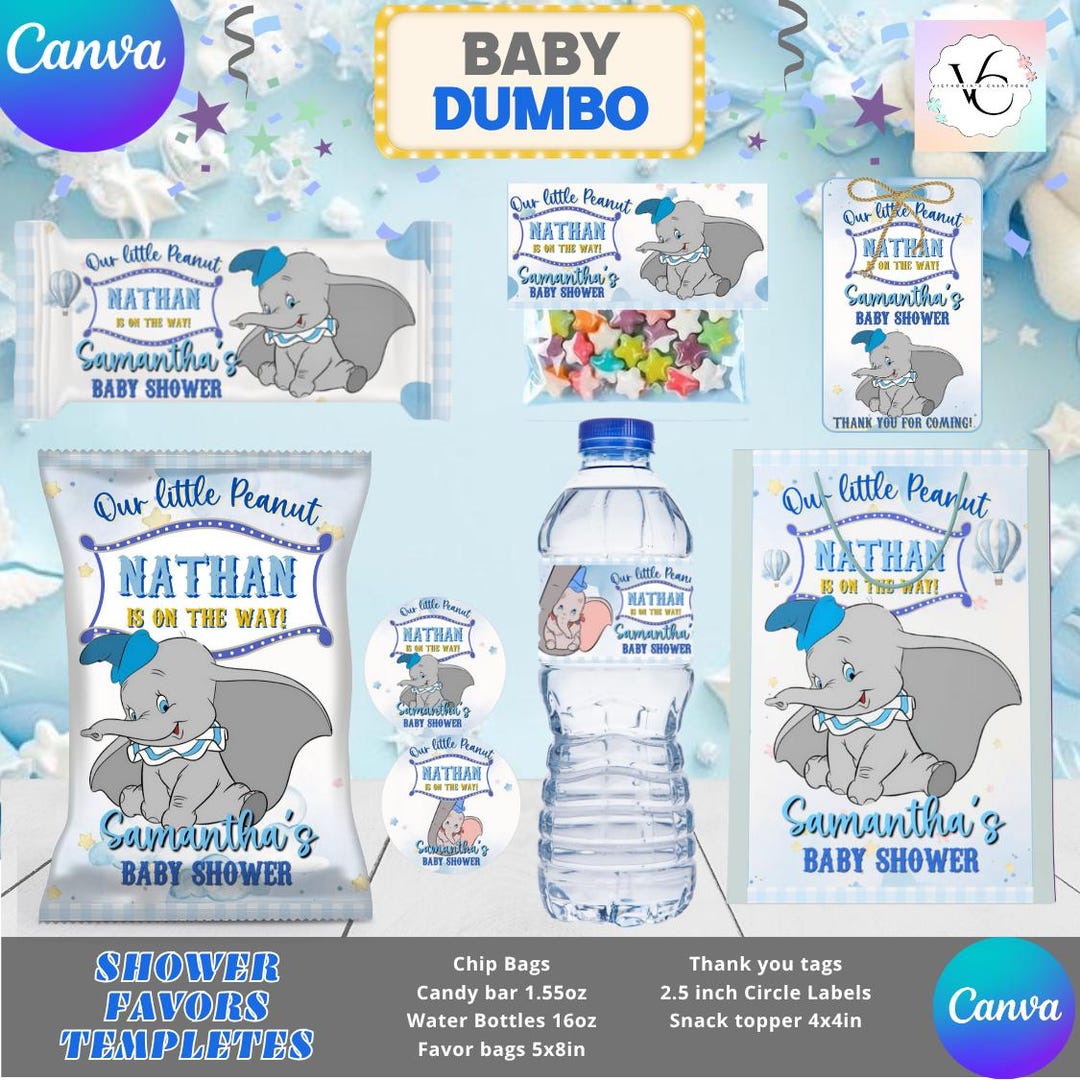 Baby Little Dumbo Bundle 7 Favors: Chips, Water and More. Editable in ...