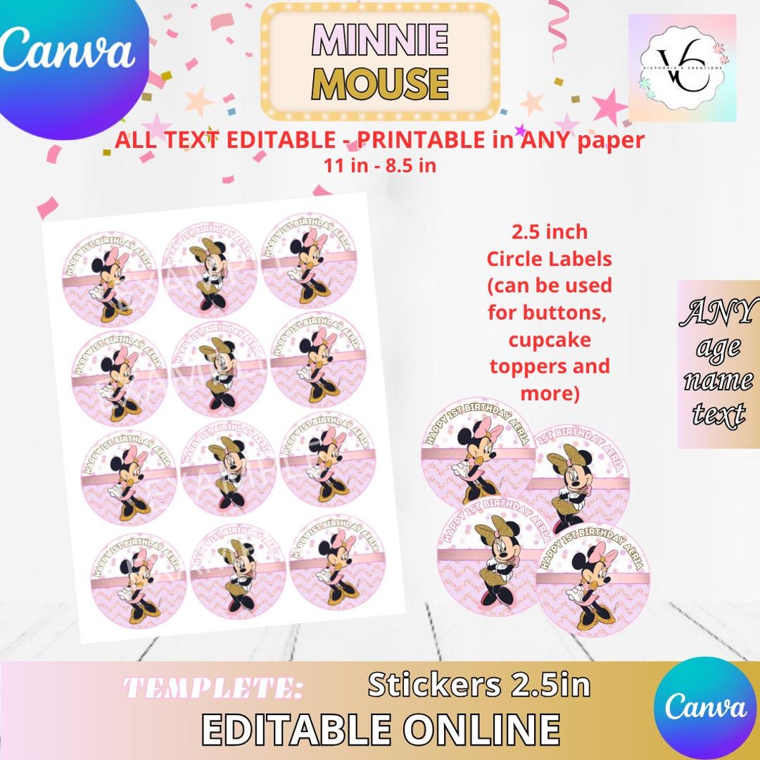 Minnie Mouse Pink and Gold - Stickers 2.5in Template, EDIT Yourself in ...