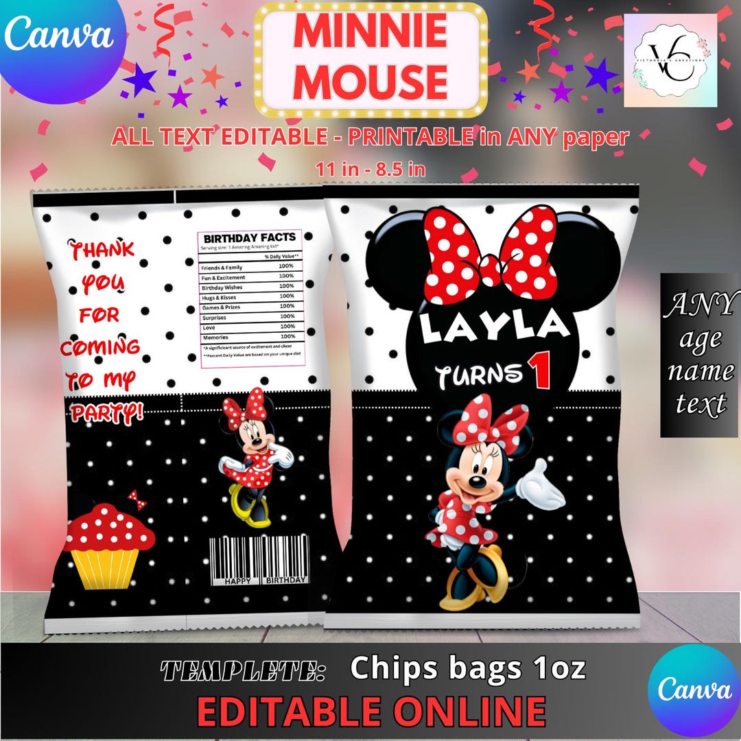 Party Labels - Minnie Mouse Red - Chips Bag Template, EDIT Yourself in ...