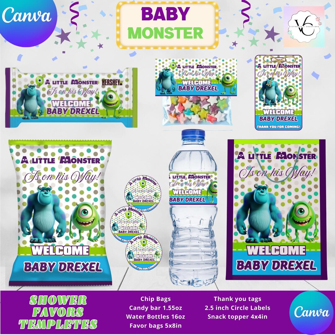 Baby Little Monster Bundle 7 Favors: Chips, Water and More. Editable in ...