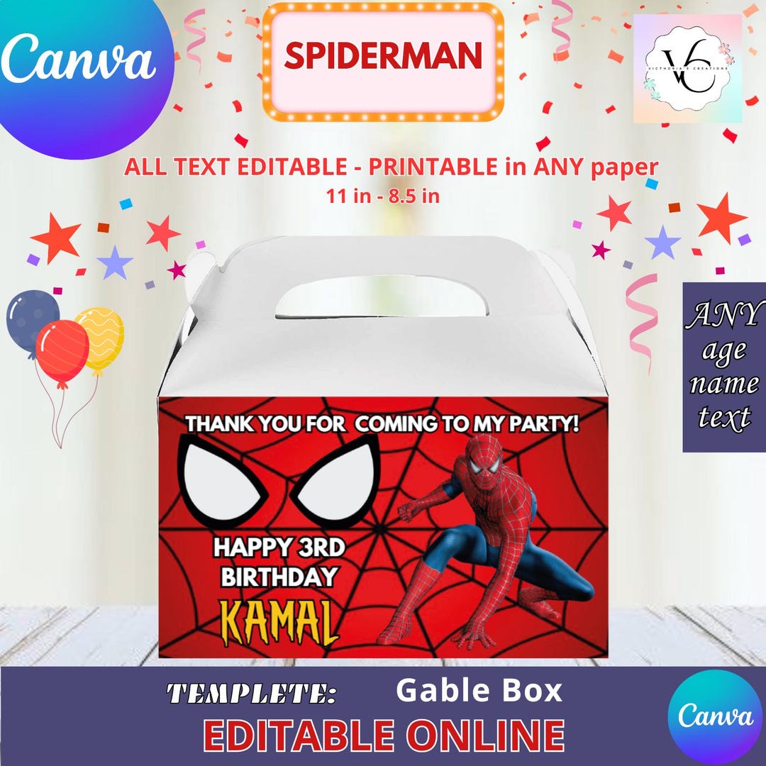 Spiderman - Gable Box Template, Edit Yourself in CANVA. Party Kit ...