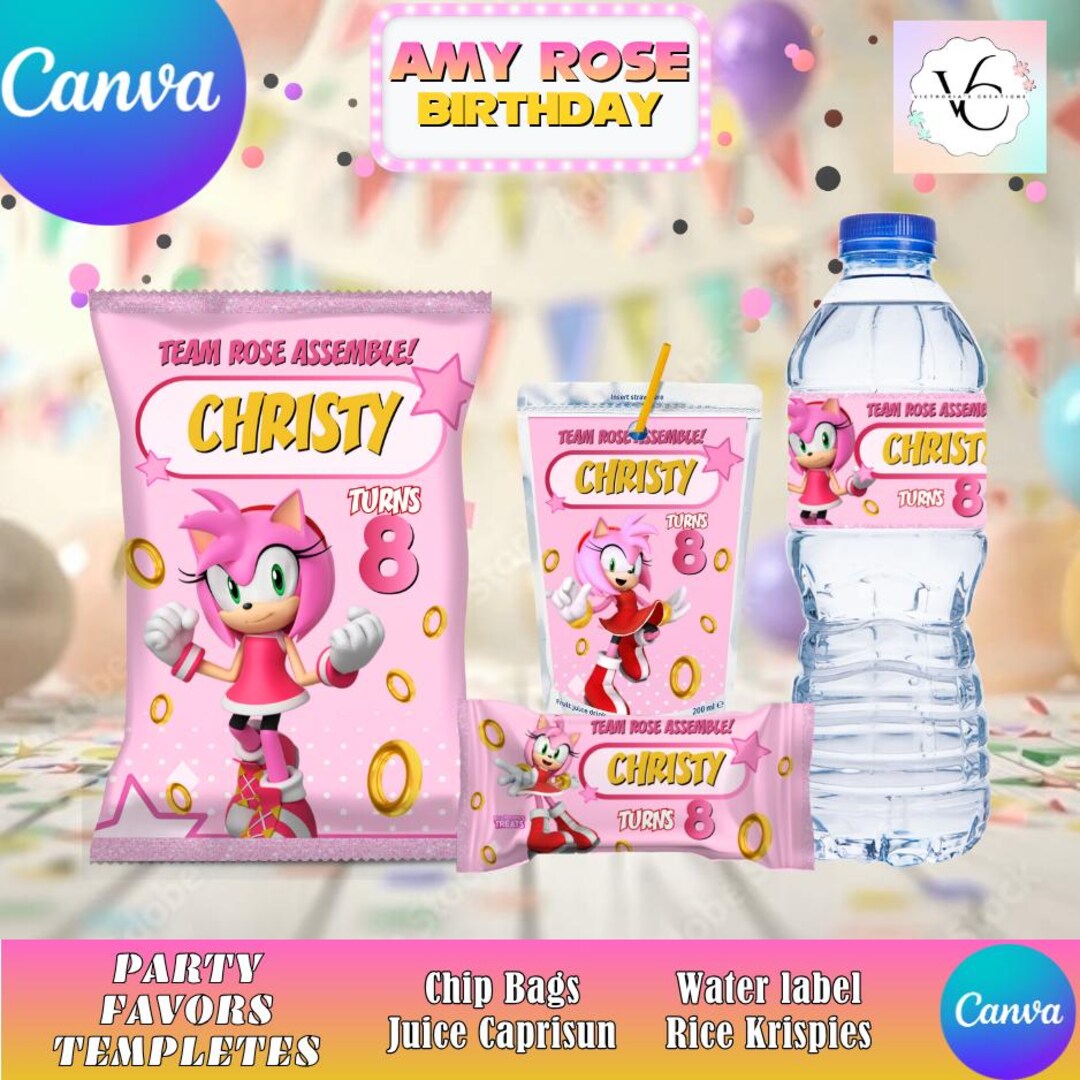 Amy Rose X Sonic Birthday Bundle - 4 Party Favor Labels. Editable in ...