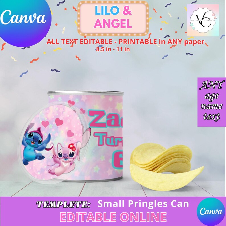 Lilo and Angel - Pringles Small Can Template, EDIT Yourself in CANVA - Etsy