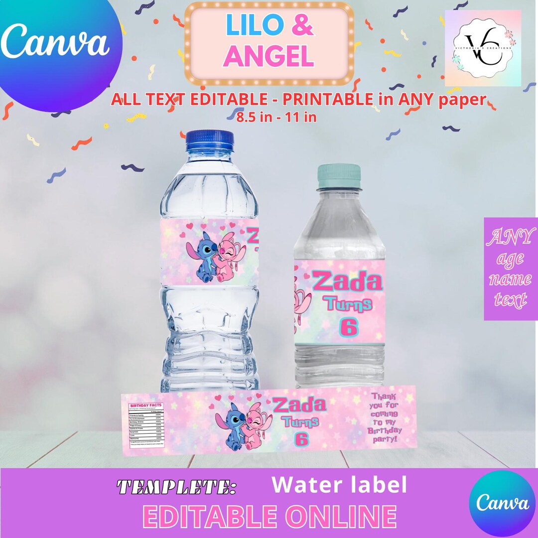 Lilo and Angel Water Bottle Labels Template, EDIT Yourself in CANVA ...