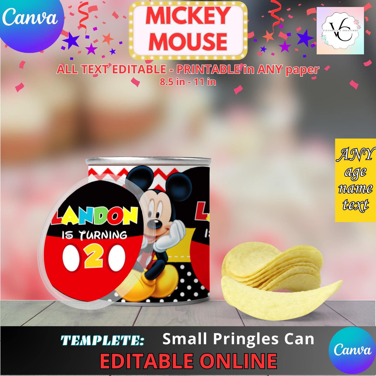 Party Labels - Mickey Mouse Red - Pringles Small Can Template, EDIT ...