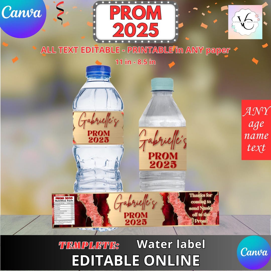 Prom 2025 - Water Bottle Labels Template, EDIT Yourself in CANVA. Party ...