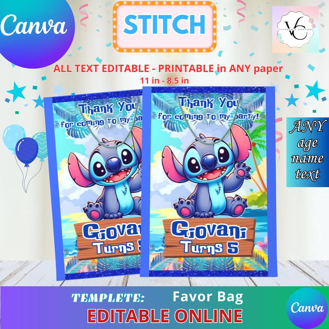 Party Labels - Stitch - Favor Bags Template, Edit Yourself in CANVA ...