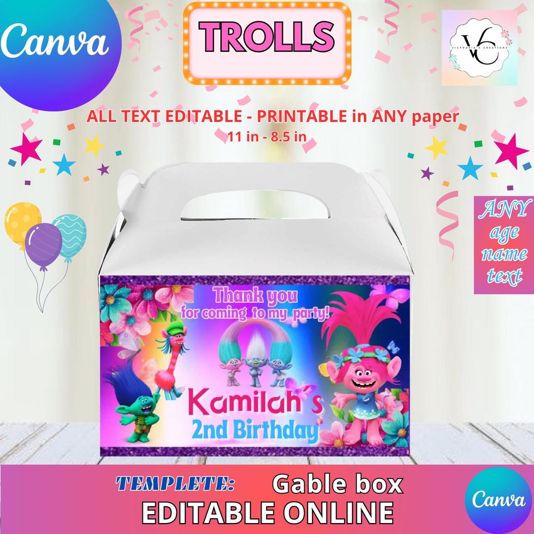 Party Labels - Trolls - Gable Box Template, Edit Yourself in CANVA ...