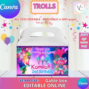 Party Labels Trolls Gable box template, Edit Yourself in CANVA. Party ...