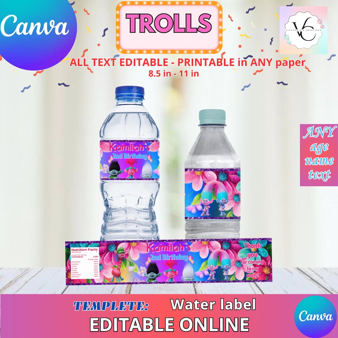 Party Labels - Trolls - Water Bottle Labels Template, EDIT Yourself in ...