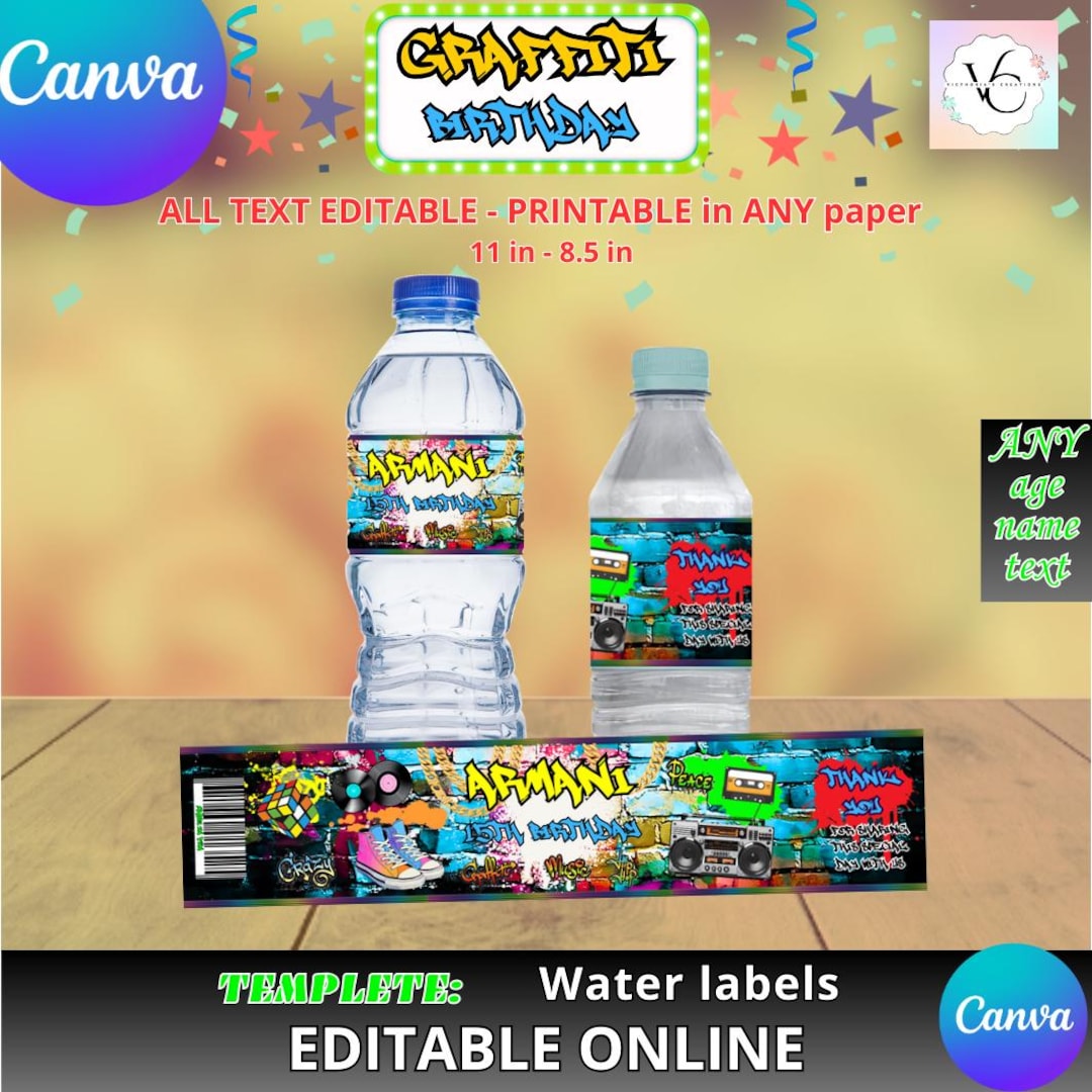 Graffiti Birthday - Water Bottle Labels Template, EDIT Yourself in ...