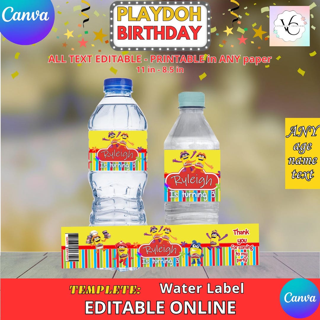 Play Doh - Water Bottle Labels Template, EDIT Yourself in CANVA. Party ...