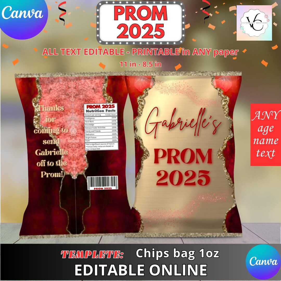 Prom 2025 - Chips Bag Template, EDIT Yourself in CANVA. Party Kit ...