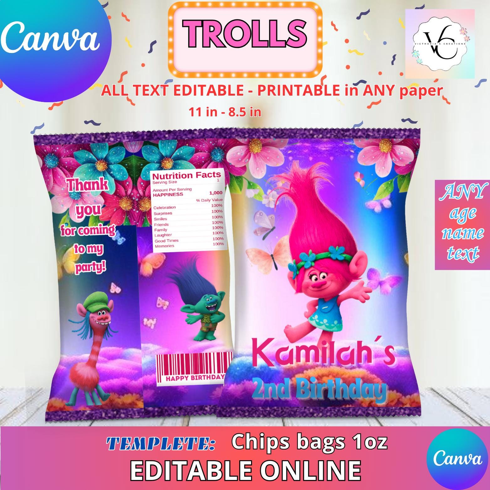Party Labels - Trolls - Chips Bag Template, EDIT Yourself in CANVA. Party Kit. Online Template ...