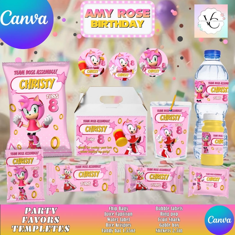 Amy Rose X Sonic Birthday Bundle - 10 Party Favor Labels. Editable in ...