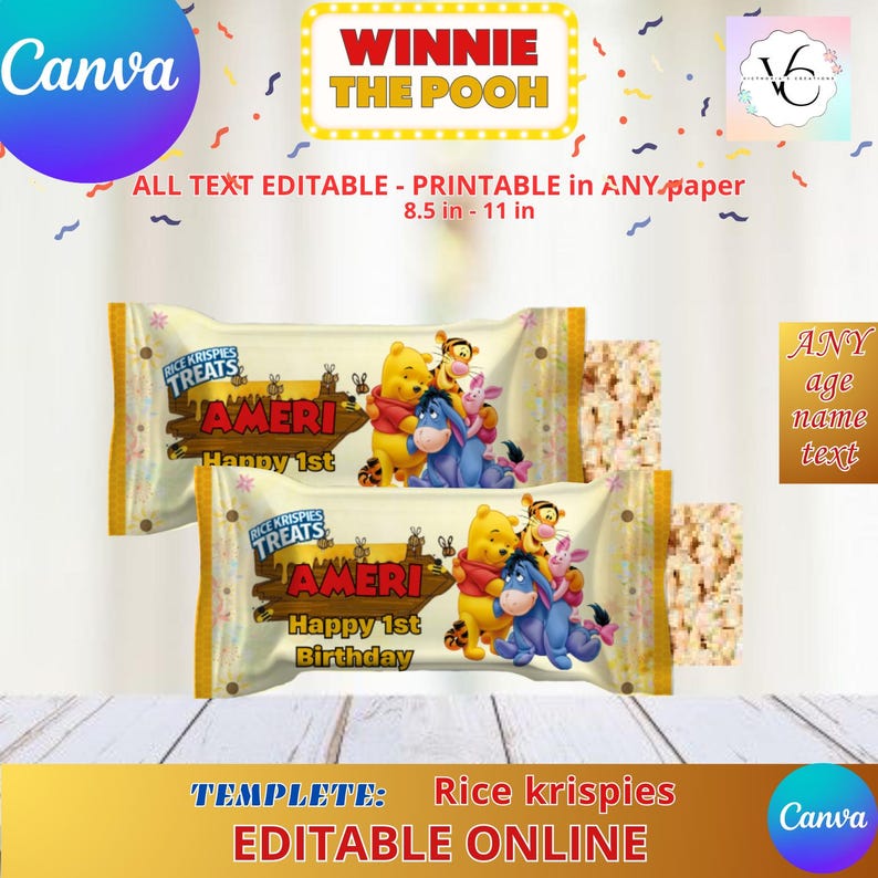 Party Labels Winnie the Pooh Rice Krispies Treats Template, EDIT ...