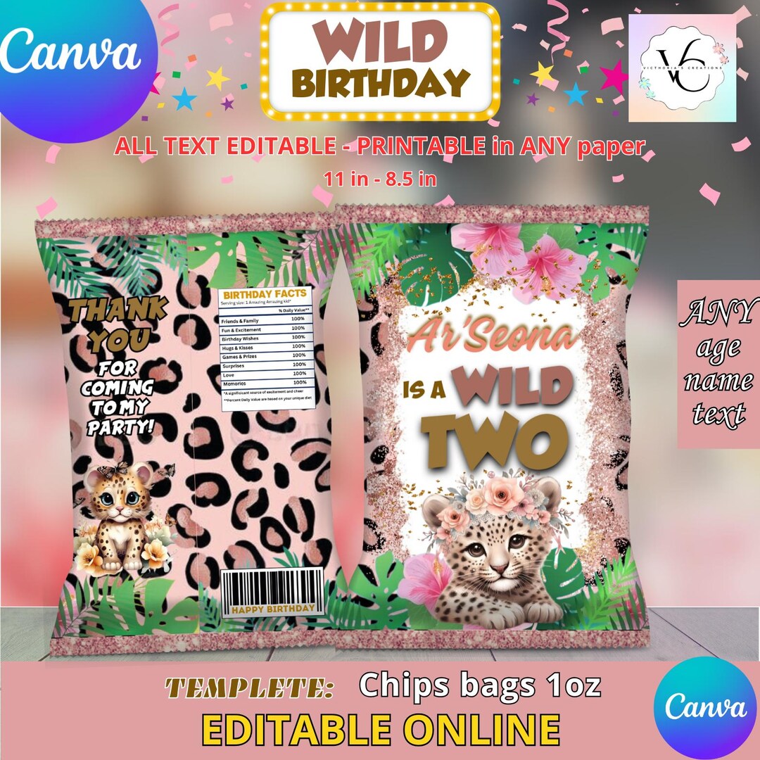 Wild Leopard Chips Bag Template, EDIT Yourself in CANVA. Party Kit ...